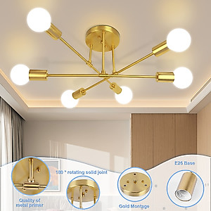 CANMEIJIA Modern Sputnik Chandelier, Ceiling Light Fixture Flush Mount 6-Lights Gold Chandeliers for Living Room Bedroom Dining Room Kitchen, Mid Century Chandeliers, E26 Base, Bulbs Not Included