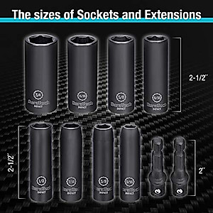 DURATECH 10-Piece 3/8" Drive 6 Point Deep Impact Socket Set, Including 8PCS Deep Impact Sockets in SAE Sizes (5/16", 3/8", 7/16", 1/2", 9/16", 5/8", 11/16", 3/4") & 2PCS 1/4" Hexagon Extension Bars