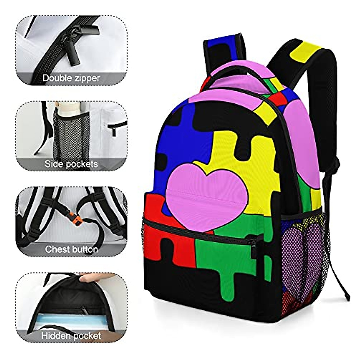 Heart Puzzle Autism Awareness Large Capacity Study Backpack Book Bag Daypack With Adjustable Padded Straps For Travel School Camping