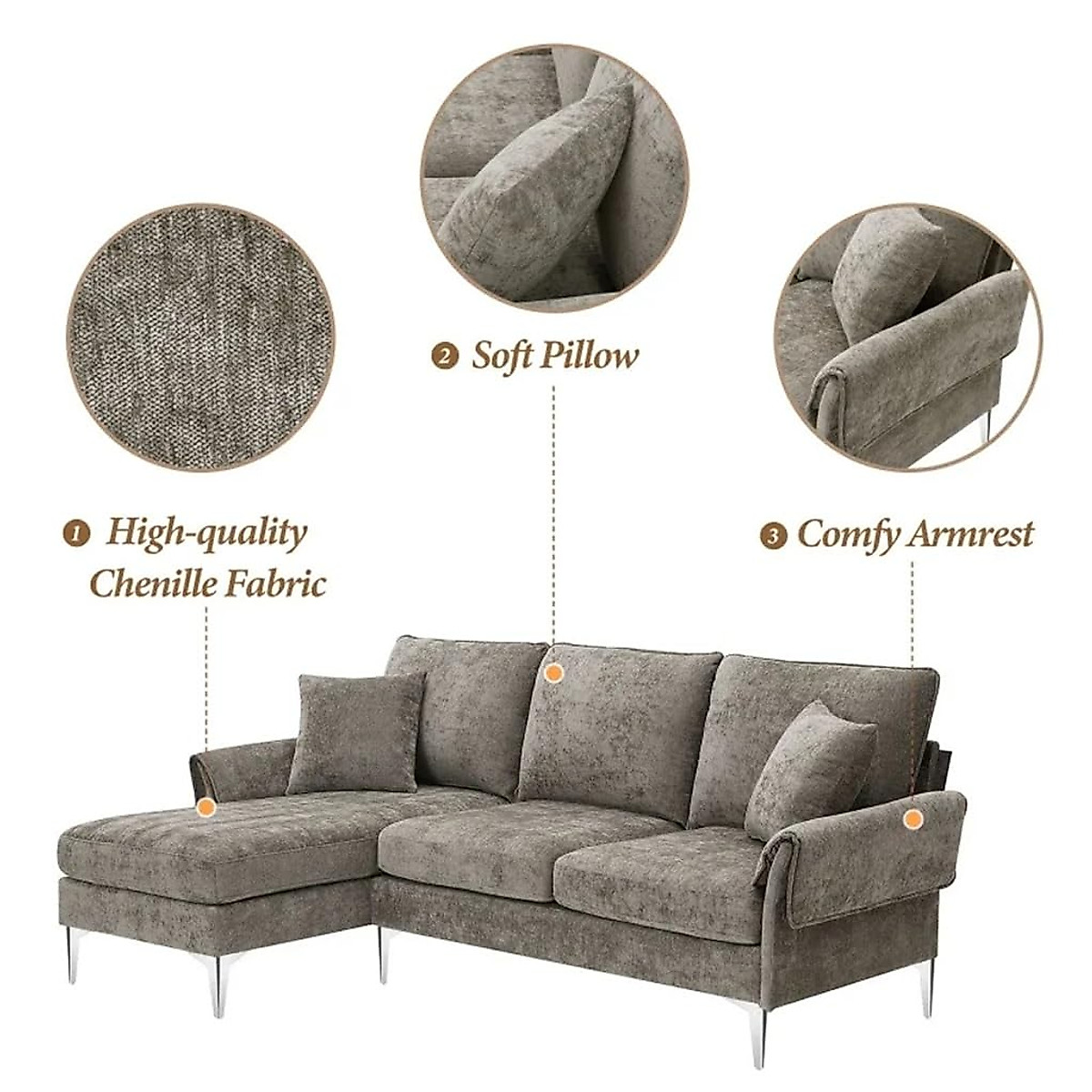 JAHH Convertible Sectional Sofa, Chenille L-Shaped Sofa Couch with Reversible Chaise Lounge, Fit for Living Room, Apartment (Color : E, Size : As Shown)