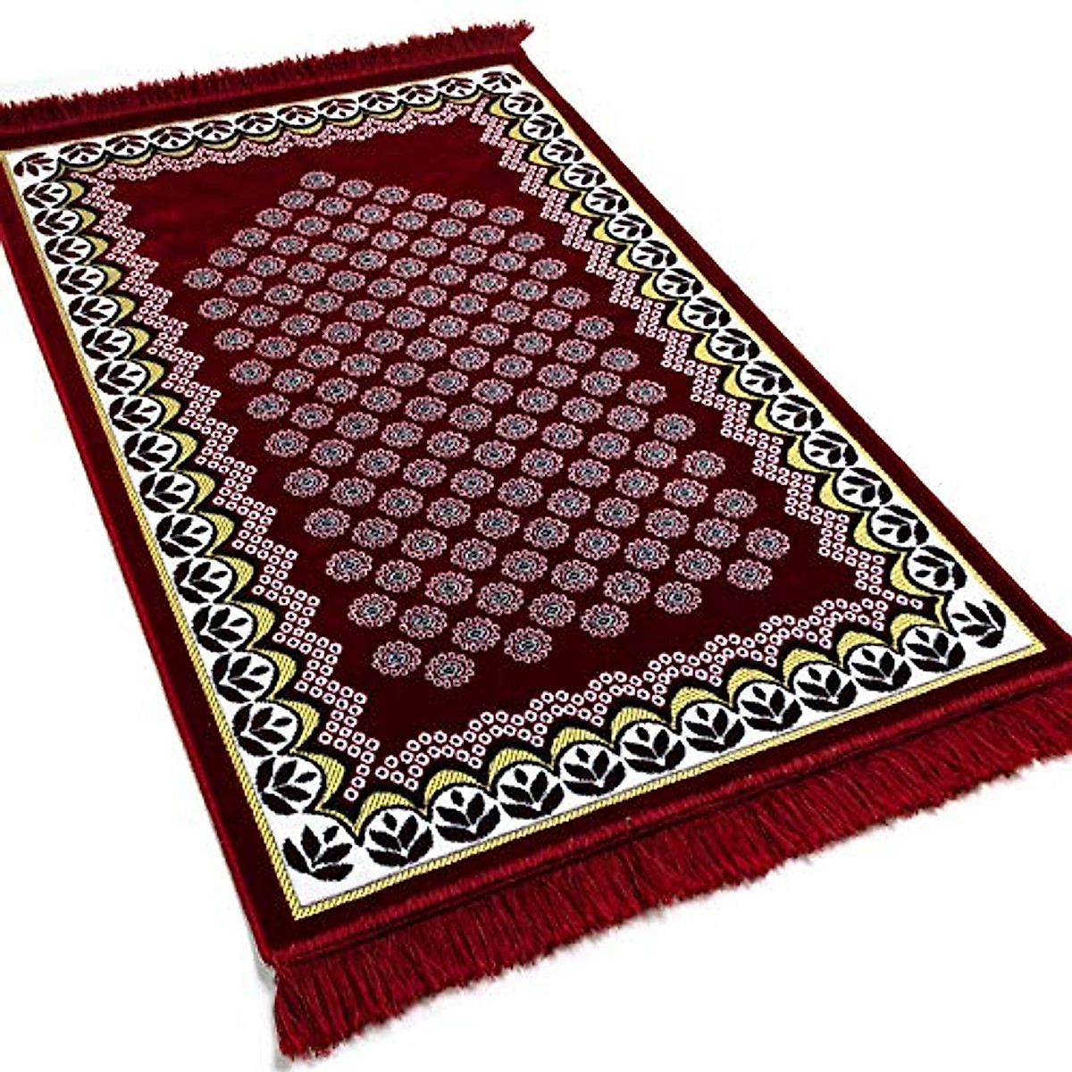 Modefa Prayer Rug Free Prayer Cap & Beads - Thin Velvet Namaz Sajadah Janamaz Floral Daisy Arch (Red)