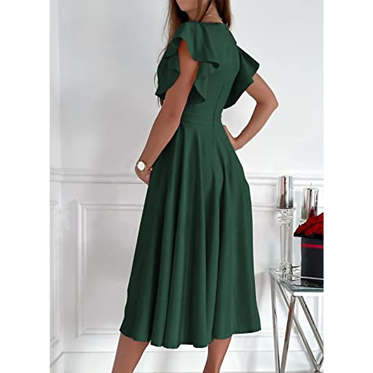 Dokotoo Women's Fall Short Sleeve Casual Dresses V-Neck Floral Party Dress Green L