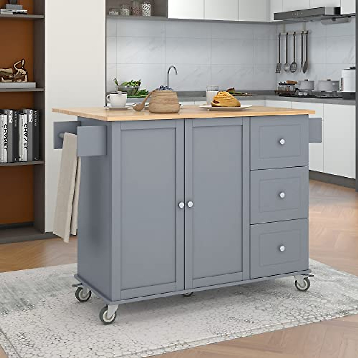 OPTOUGH Rolling Mobile Kitchen Island with Locking Wheels,Storage Cabinet and Drop Leaf Breakfast Bar, Kitchen Cart for Home w/Spice Rack,Towel Rack & Drawer,Grey Blue