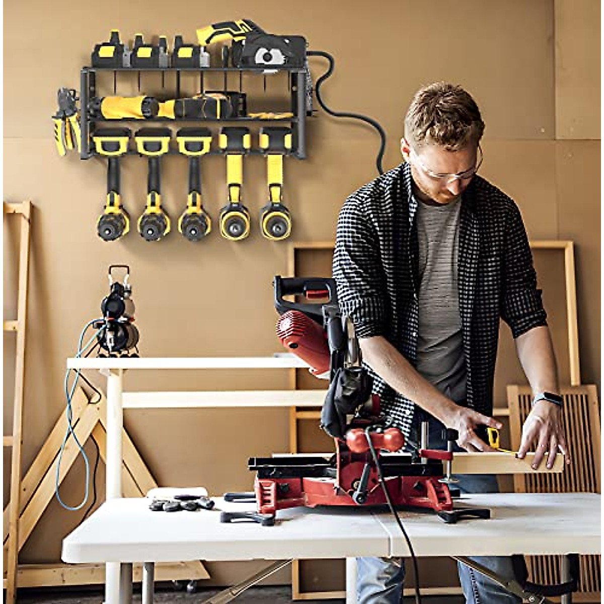 Power Tool Organizer Wall Mount, 5 Slot Cordless Drill Holder Battery Charging Station Storage Rack, Multi-function Garage Pegboard Tool Organizer for Tidying Up Parts Bin, Wrench, Pliers, Screwdrivers, Bit