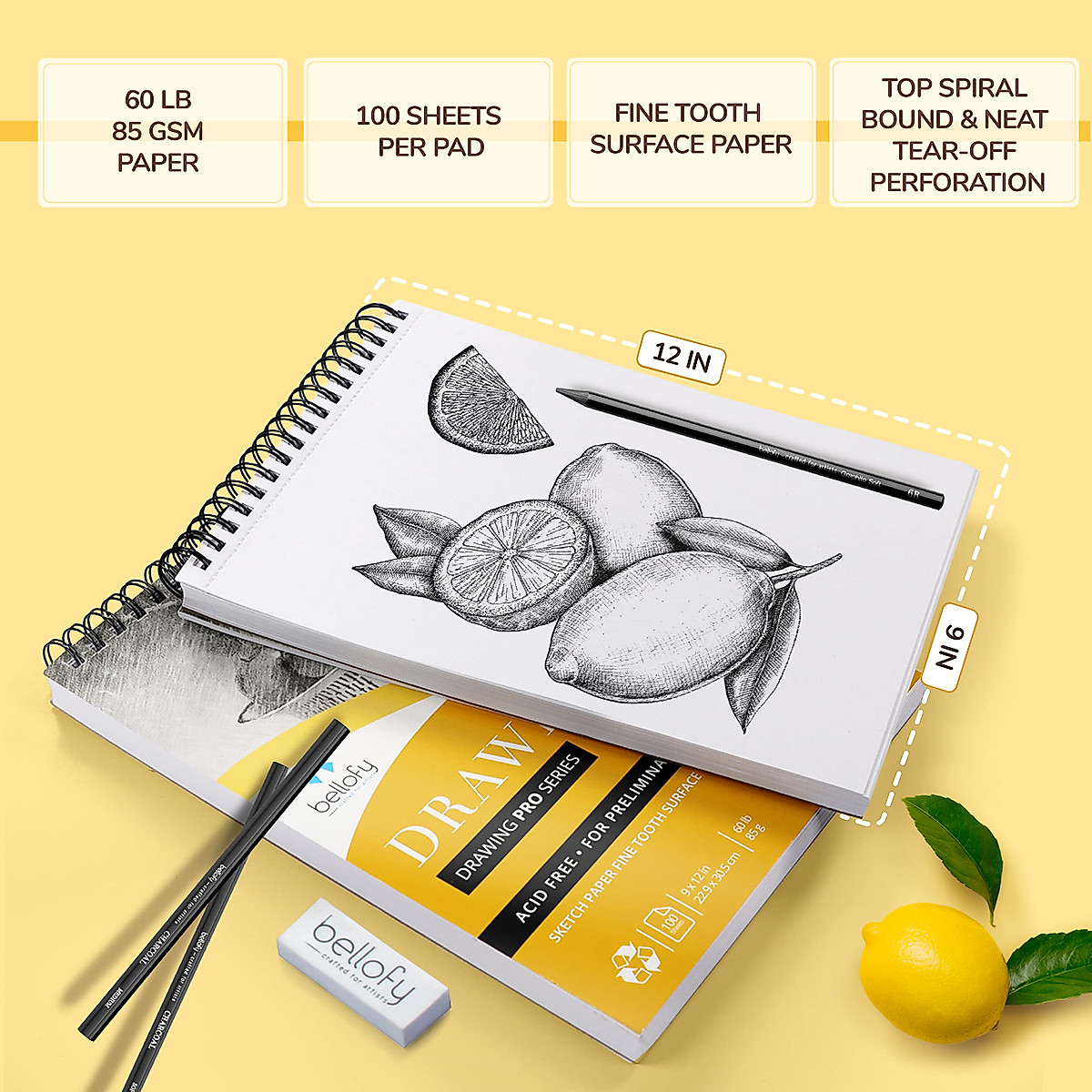 Bellofy 3 x Drawing Paper Pads 9” x 12” | 300 Sheets | 60lbs 85g | Acid Free Sketchbook Paper for Dry Media | Top Spiral Bound Sketchpad for Kids, Beginners, Artists & Professionals