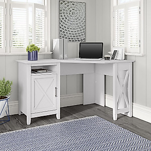 Bush Furniture Corner Computer Small Space, Office and Bedroom | Key West Collection L Desk with Storage and Aged Bronze Hardware, 54W, Pure White Oak