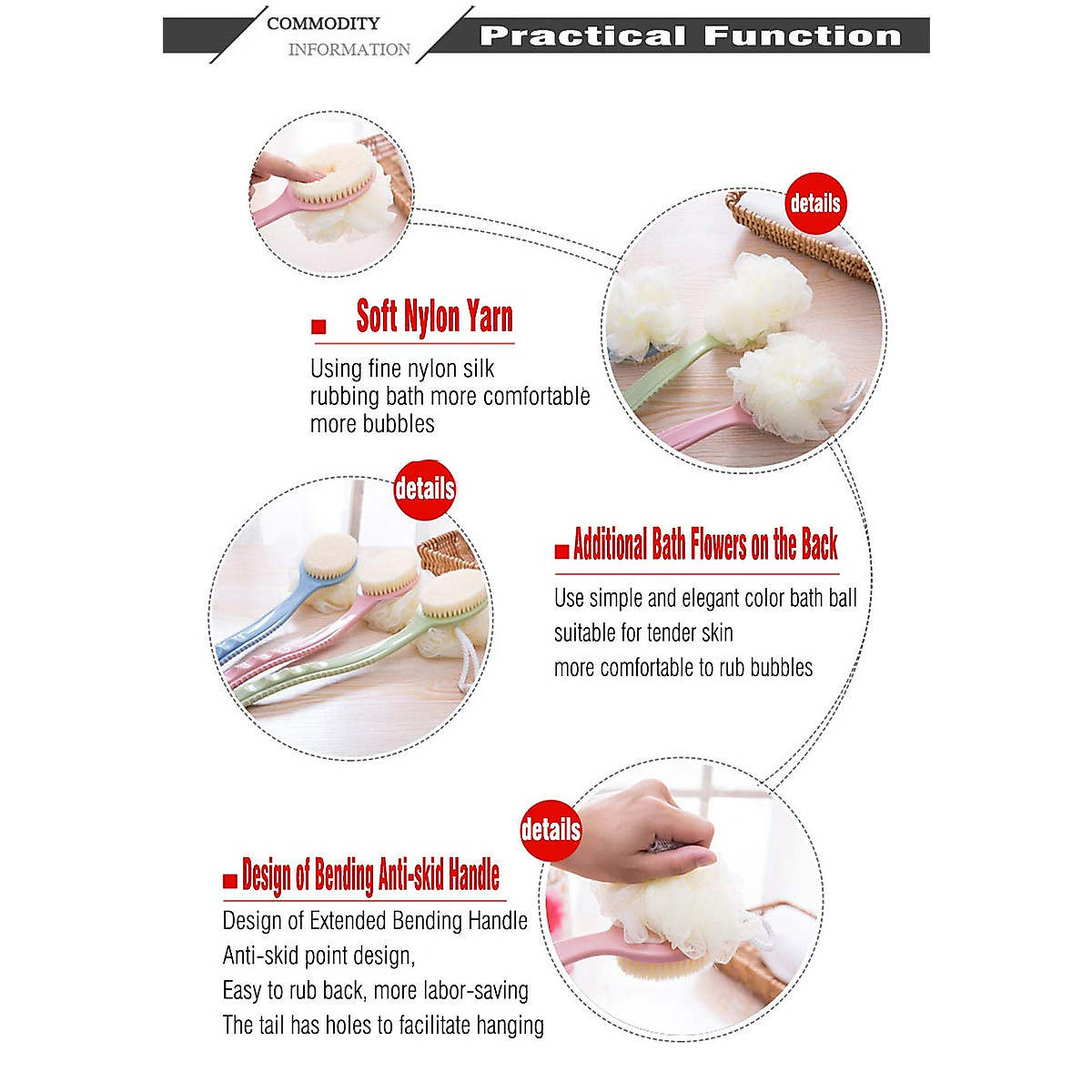 AARainbow 2 Packs Shower Body Brush with Bristles and Loofah, Back Scrubber Mesh Sponge with Curved Long Handle for Skin Exfoliating Bath, Massage Bristles Suitable for Men and Women (1Gray+1Pink)