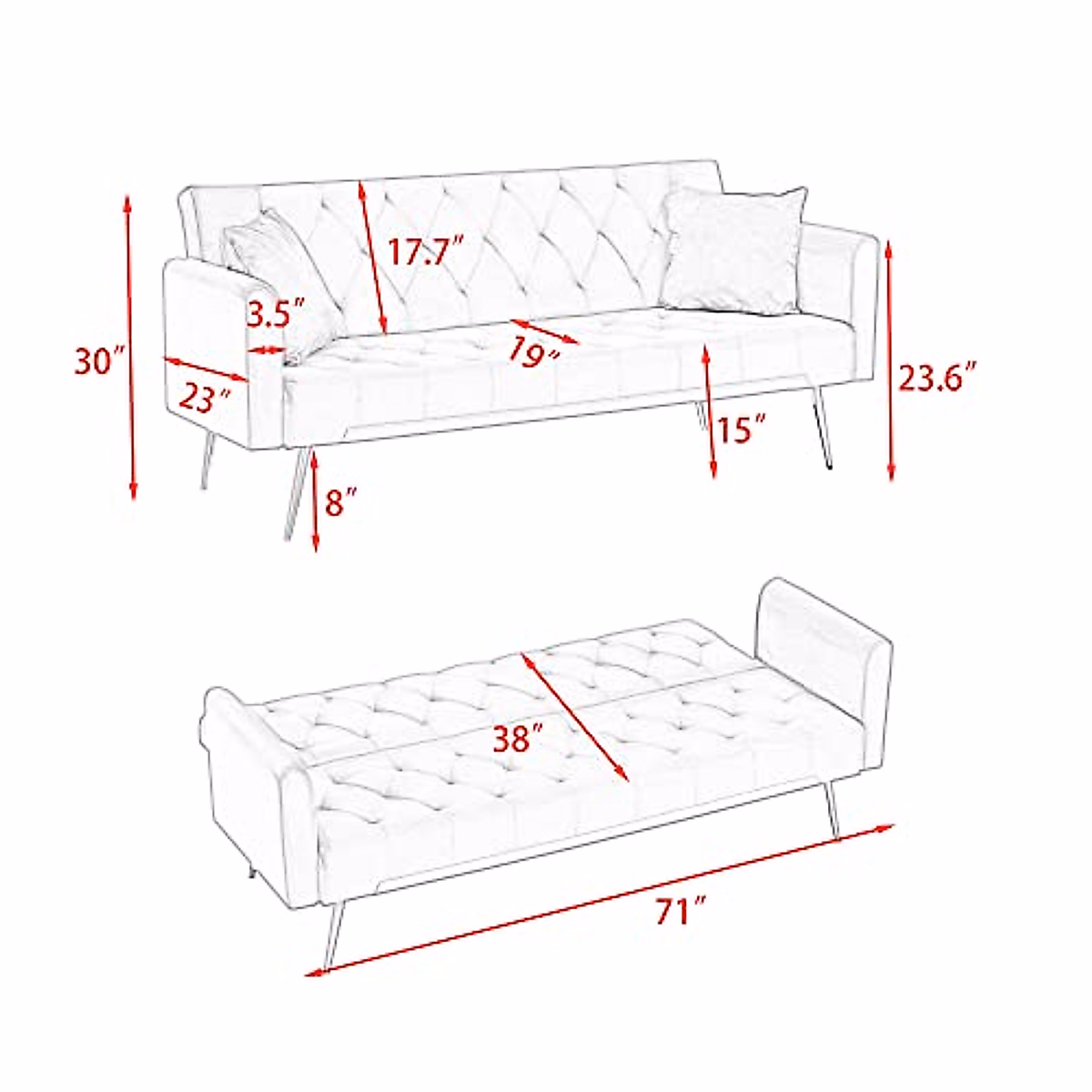 72"Modern Velvet Sofa Bed Futon,Convertible Folding Sleeper Bed Couches with 3 Adjustable Backrests,Tufted Recliner Loveseat with Golden Chrome Legs for Small Living Room Office (Light Pink+pillows)