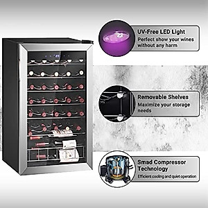 Smad Wine Fridge, 33 Bottle Wine Cooler Refrigerator, 19 Inch Freestanding Wine Fridge with Digital Temperature Display and Glassdoor, 3.5 cuft, Stainless Steel