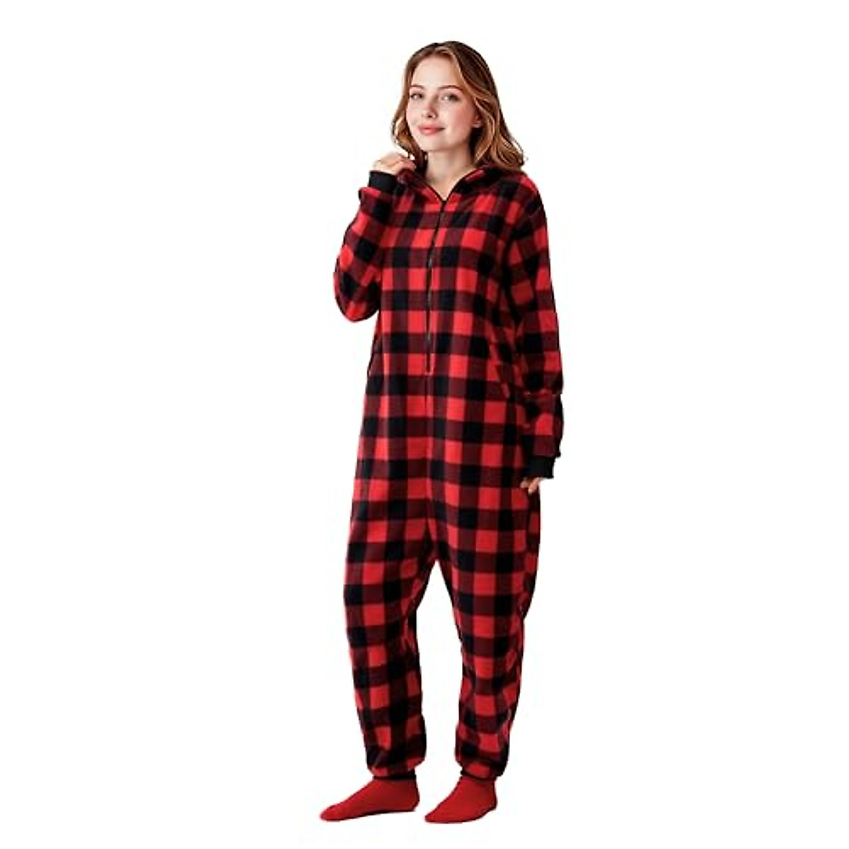 Giggling Getup Christmas Fleece Plaid Pajamas Jumpsuits Adult, Christmas Women Hoodie Full Zipper Pajamas-XL Red