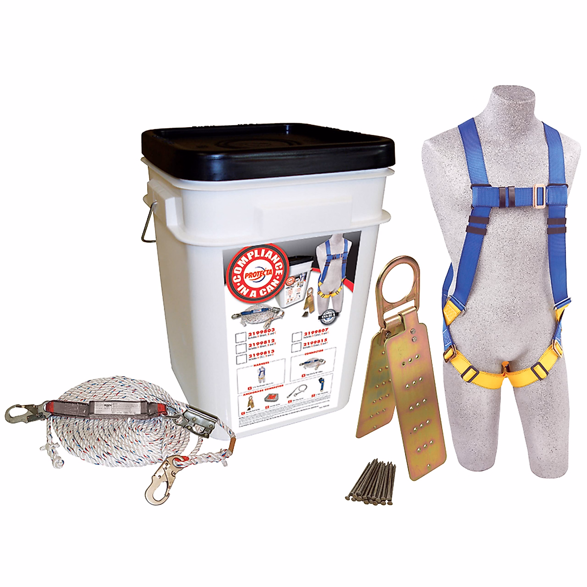 3M Protecta Compliance In A Can, 2199803, Roofers Kit, 5-Point Harness, Reusable Roof Anchor, Rope Grab, 50' Rope Lifeline, White Bucket