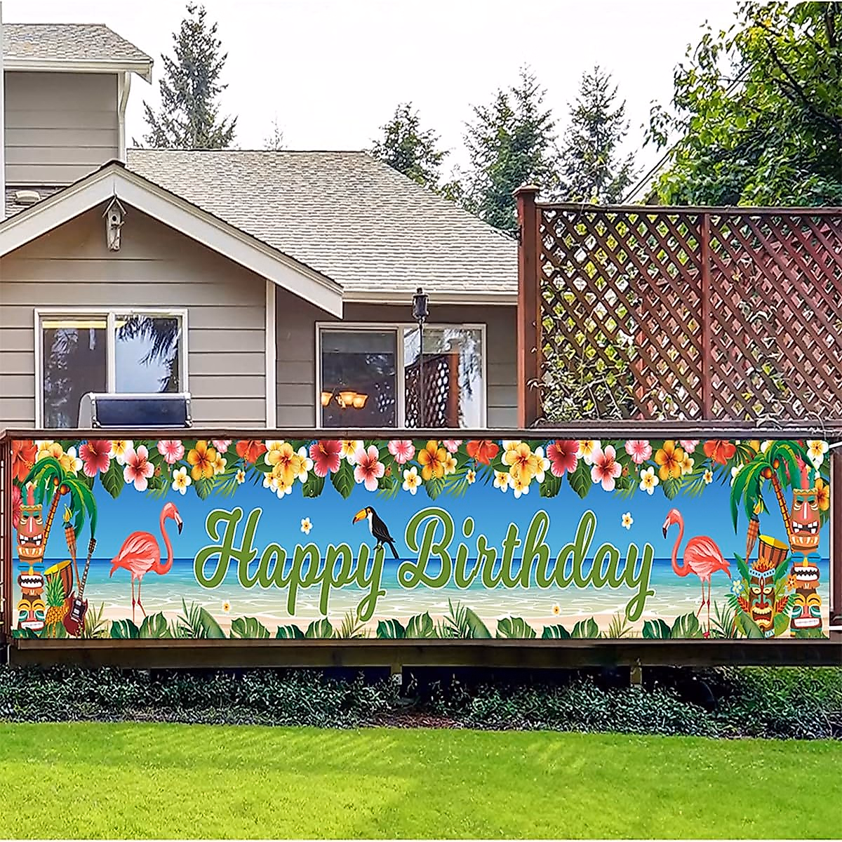 KYMY Long Hawaiian Luau Happy Birthday Backdrop Banner, Summer Floral Tropical Flamingo Birthday Sign with 118"X19.7", Hawaii Theme Photograph Background Supplies for Birthday Party Decorations
