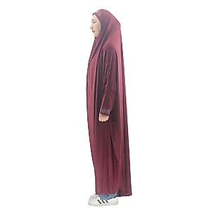 Cogongrass Women's One-Piece Prayer Dress Prayer Garment Abaya Jellaba Islamic Clothing Hijab for Hajj Umrah Wine Red