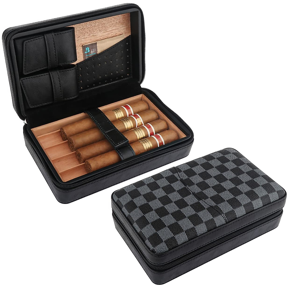 TISFA Cigar Humidor, Cedar Wood Travel Portable Leather Cigar Case, Removable Cedar Tray for 4 Cigars (Checkerboard Lattice)