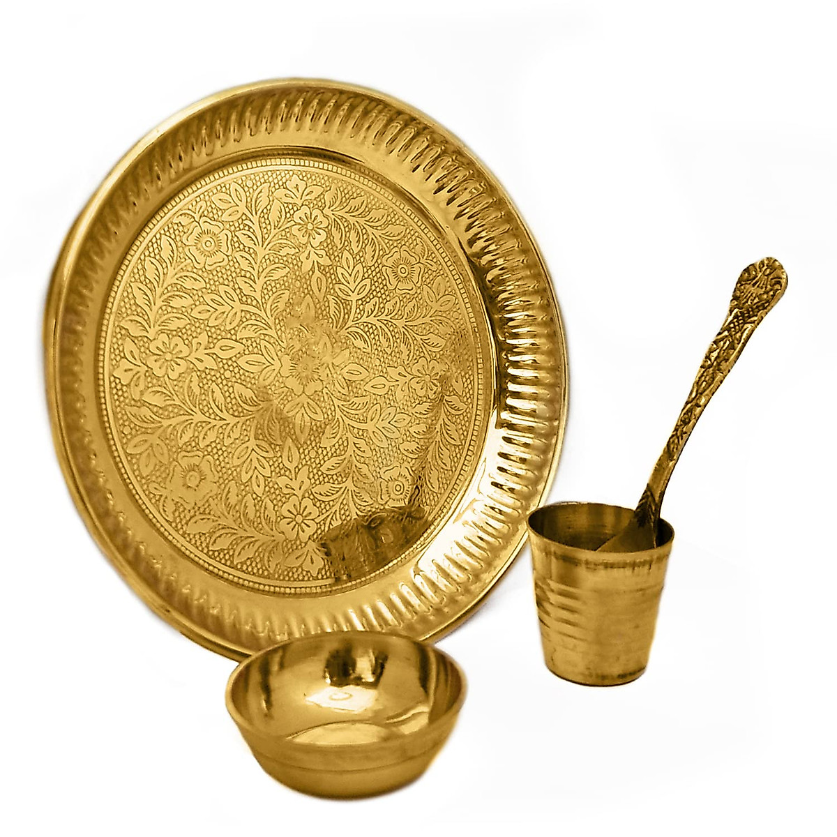 Satvik Brass 4 Pc Bhog Thali Set for Laddu Gopal with Glass, Bowl and Pooja Spoon for Home and Temple Kanha Ji Bhog Plate Set (Large)