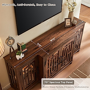 JXQTLINGMU Ultra Large 70 inch TV Stand for 80 Inch TV, LED Media Console with 3-Sides Hollow Out Glass Doors, Farmhouse Entertainment Center with Storage for Living Room, Bedroom, Brown