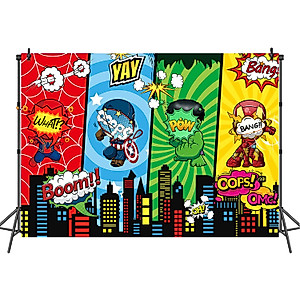 Cartoon Super Heros Backdrop Birthday Decorations City Hero Themed Film Fans Kids Family Party Decor Cake Table Photography Background Photo Booth Props (7x5FT(210x150cm))
