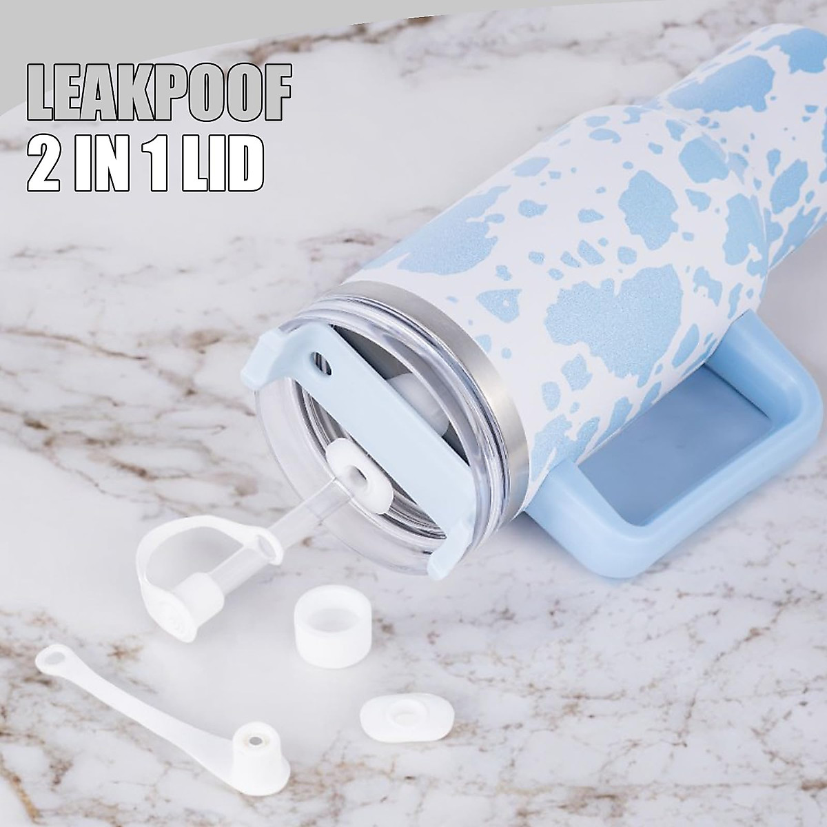 Xereizo 40 oz Tumbler with Handle and Straw, Leak Proof Stainless Steel Insulated Travel Coffee Tumbler Cups Lid and Straw, Iced for 40 Hours Cupholder Friendly Water Bottle Mug, Leopard Print Grey