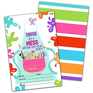 NYCTUG Art Painting Colorful Birthday Invitation(4" X 6"), Dress For A Mess,Paint Craft Birthday Double-Sided Party Invites- 20 Invitations With Envelopes-Party Supplies-A13