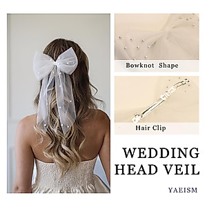 YAEISM Bridal Pearl Hair Bow Veil Bachelorette Party Decorations White Bow Short Wedding Veil Elegant Double Bowknot Bride Hair Clip Engagement Bridesmaid Gift