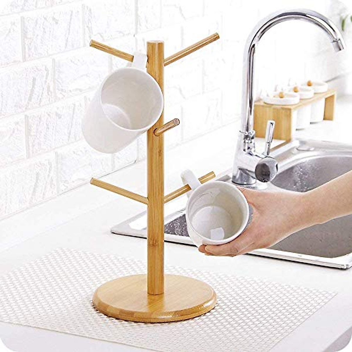 DYT Bamboo Mug Rack Tree, Organic Bamboo Mug Holder, Mug Hook,Mug Stand,Coffee Cup Dryer with 6 Hooks