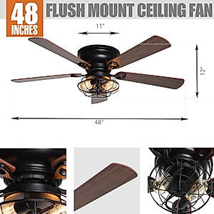 Parrot Uncle Ceiling Fans with Lights and Remote Flush Mount Ceiling Fan with Light for Bedroom Black Low Profile Ceiling Fan, 48 Inch