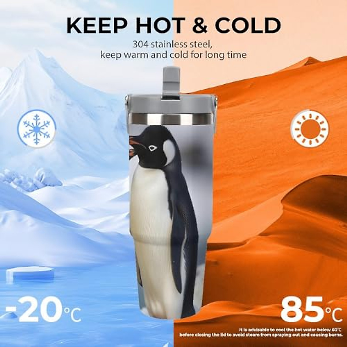 30oz Stainless Steel Insulated Tumbler with Flip Lid & Straw, Leakproof Travel Mug for Car, I Love Penguins Double Wall Vacuum Thermal Coffee Cup with Handle, Spill-Proof Design for Hot/Cold Drinks