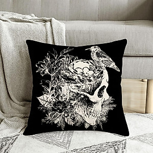 Halloween Decoration Pillow Covers 20x20 Inch Skull Black White Pillow Cases Death Skeleton Floral Bird Crow Modern Urban Retro Hand Drawn Pattern Cushion Covers Decorative Pillows for Home Room Sofa