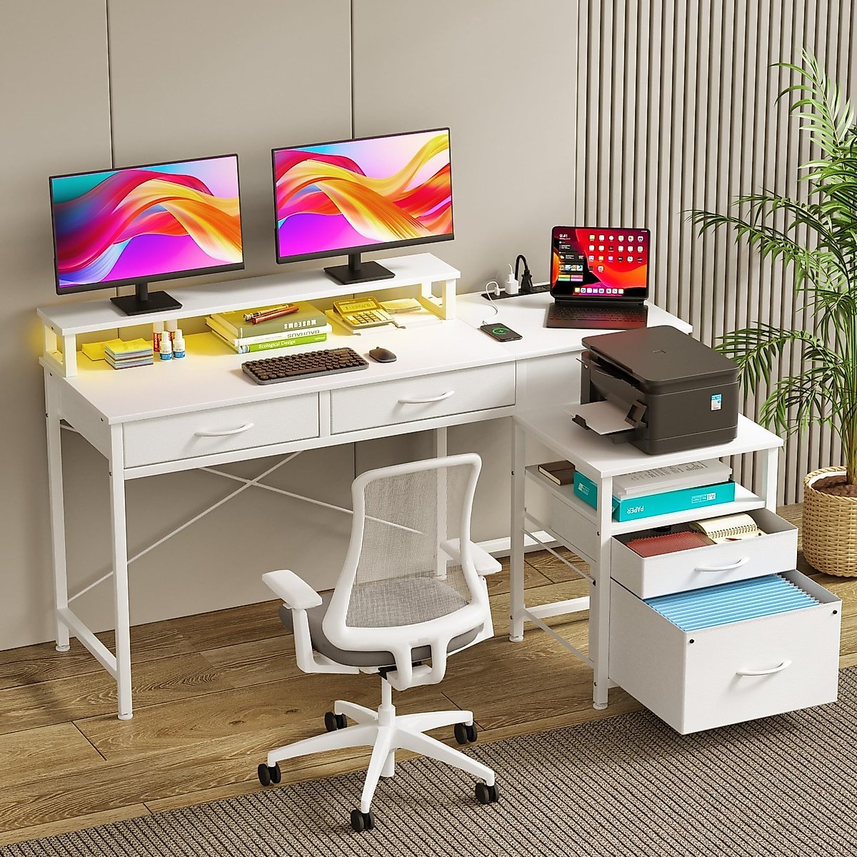 GYIIYUO 55 Inch Computer Desk with 4 Drawers & Printer Stand, L Shaped Office Desk with File Cabinet, Power Outlets, LED Lights & Monitor Stand, Writing Desk with Storage Shelf for Home Office, White
