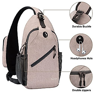Fancosni Sling Bags for Women Men, Crossbody Sling Backpack, Chest Bag Lightweight Shoulder Bag, Multipurpose Sling Bag for Travel, Hiking, Shopping, Walking, Biking, Cycling, Earphone Hole, Beige