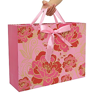 16.5" Extra Large Rose Pink Gift Bag Set with Greeting Card and Tissue Paper(Foil Traced Flowers) for Celebrating Birthdays, Mother's Day, Weddings, Anniversary, Valentine's Day - 16.5”x5.5”x12.6”, 1 Pcs.