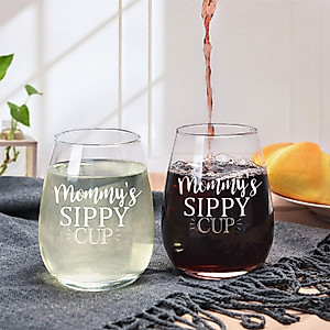Mommy's Sippy Cup Stemless Wine Glass 15oz Funny Wine Glass, Gift Idea for Mother's Day Birthday Christmas, Wine Gifts for Mom, Women, New Mom, Pregnant Mom