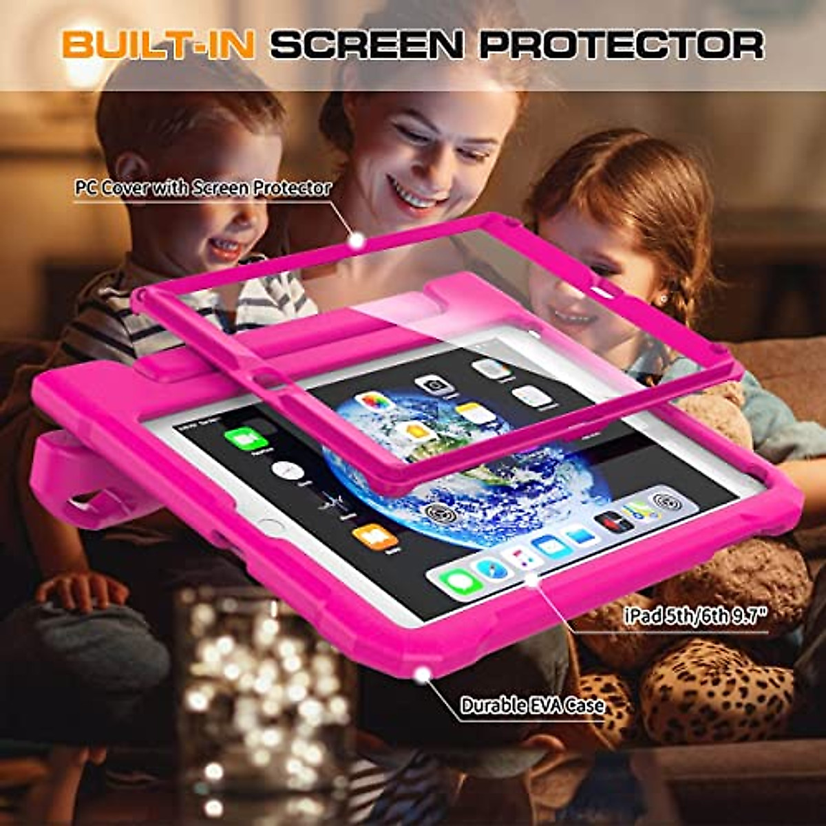 MOXOTEK Kids Case for iPad 5th/6th Generation & iPad Air 1/2 & Pro 9.7, iPad 9.7" Case with Screen Protector, Shockproof Protective Cover for iPad 9.7 inch 6/5 Generation 2018/2017, Pink