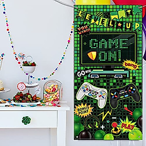 Video Game Party Decoration Video Gaming Photo Door Backdrop Game On Boys Birthday Photo Banner Gamer Room Decor for Game Fans Video Gamer Party Decoration Supplies, 6 x 3 Feet