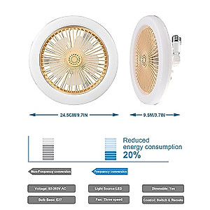 VONFAME Enclosed Ceiling Fan with Light and Remote Small 10-inch E27 Bladeless Ceiling Fans Dimmable LED Lights 3 Gear Wind Speeds Family Summer Gift for Garage Tool Room and Store Room(Yellow)