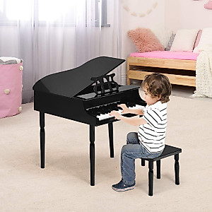 Costzon Classical Kids Piano, 30 Keys Wood Toy Grand Piano with Music Stand and Bench, Mini Musical Toy for Child, Ideal for Children's Room, Toy Room, Best Gifts (Straight Leg, Black)