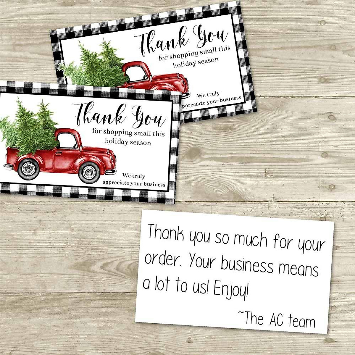 Black Buffalo Plaid Red Watercolor Pickup Truck Christmas Holiday Customer Appreciation Package Inserts for Small Businesses, 100 2" X 3.5” Single Sided Insert Cards