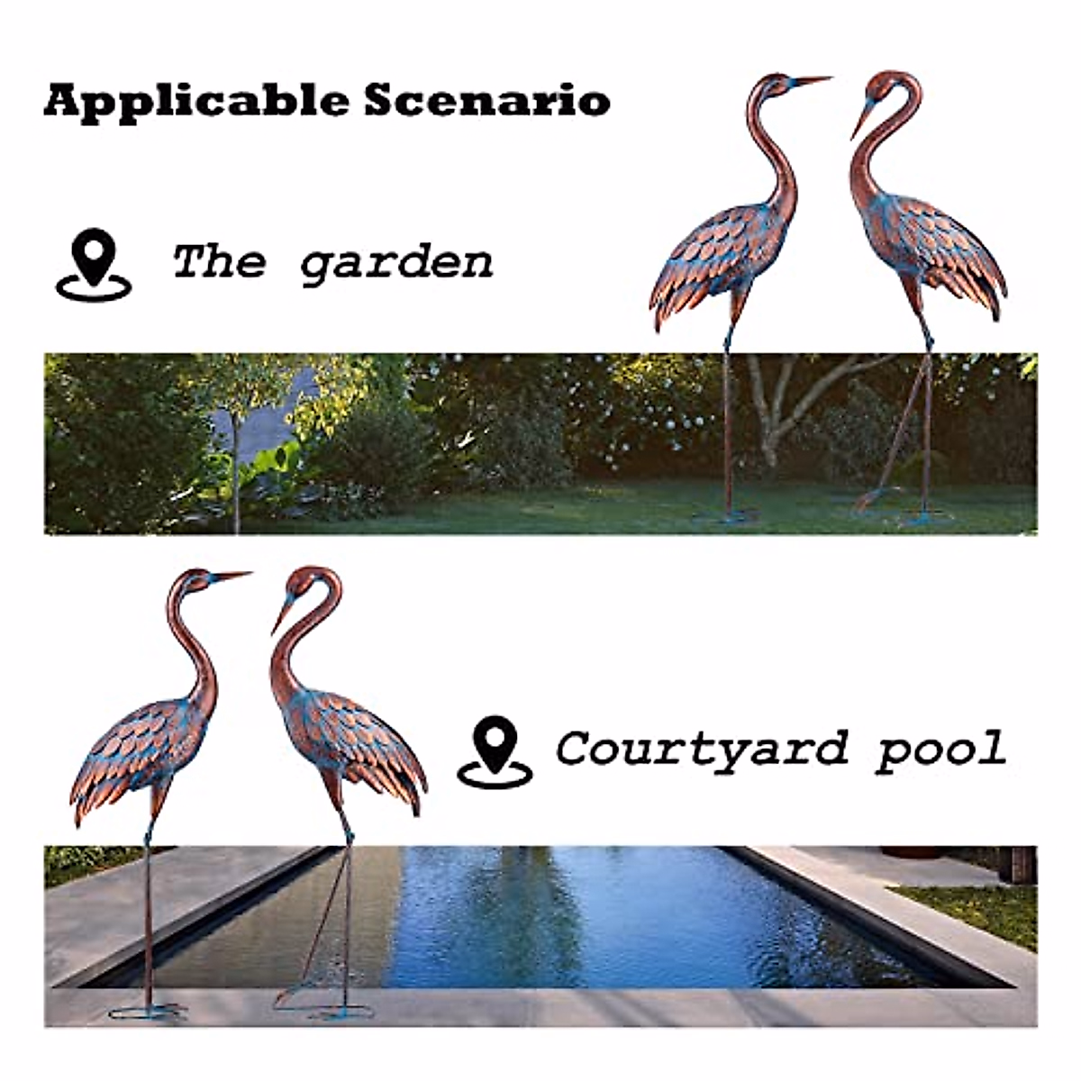 Kircust Garden Crane Statues Patina Heron Decoy, Standing Metal Crane Sculptures Bird Yard Art for Outdoor Decor, Set of 2