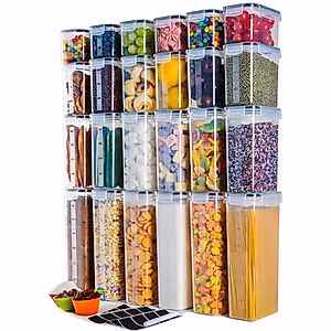 Airtight Food Storage Containers with Lids, Clear Pantry Canister Set for Kitchen Organization, Stackable Organizers for Flour, Sugar, Cereal, Rice, BPA Free Plastic 24 Pack with Different Sizes