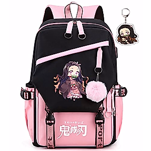 Luckbanjie 17'' Nezuko Backpack Tanjiro Anime School Book Bag Latop Backpacks (Pink-A)