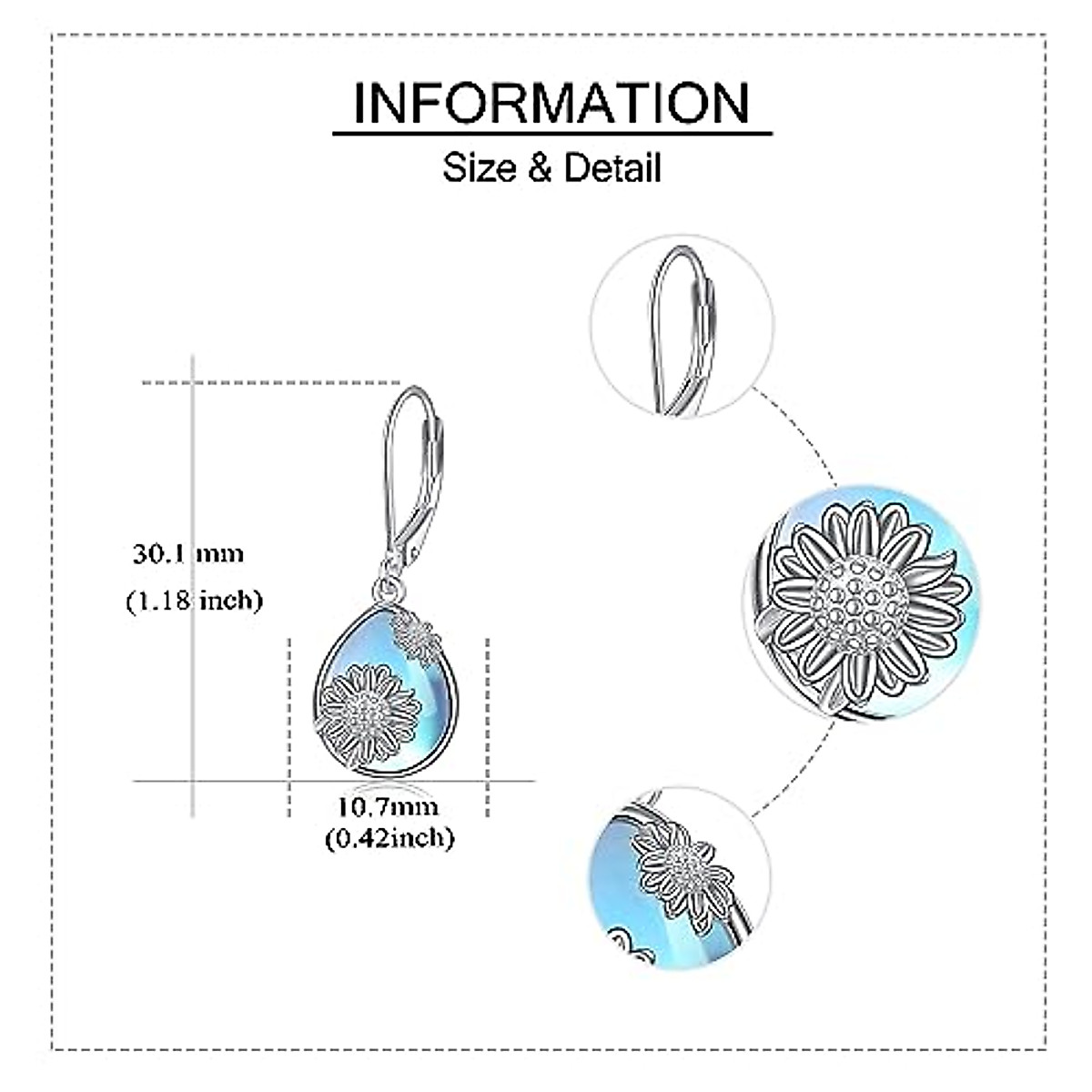 DAYLINLOVE Sunflower Earrings 925 Sterling Silver Moonstone Sunflower Dangle Drop Earring for Women