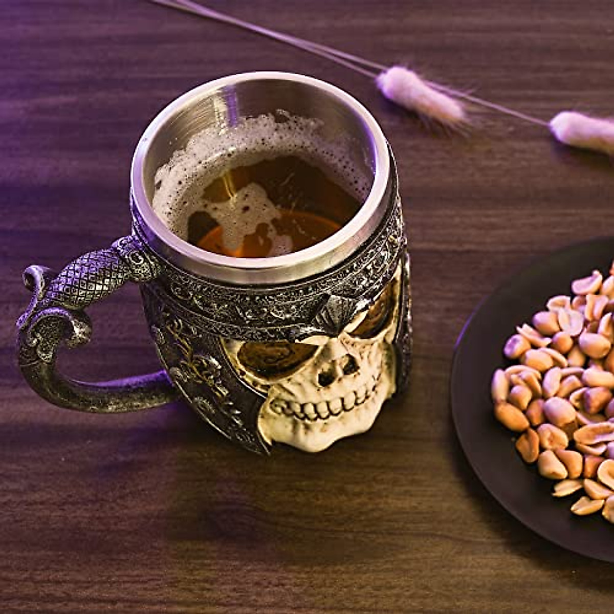 Coffee Mug, Stainless Steel Viking Warrior Skull Beer Mugs Resin Stein Tankard Drink Cup, Gift for Men Birthday,Skull Lover,Halloween & Bar Decor