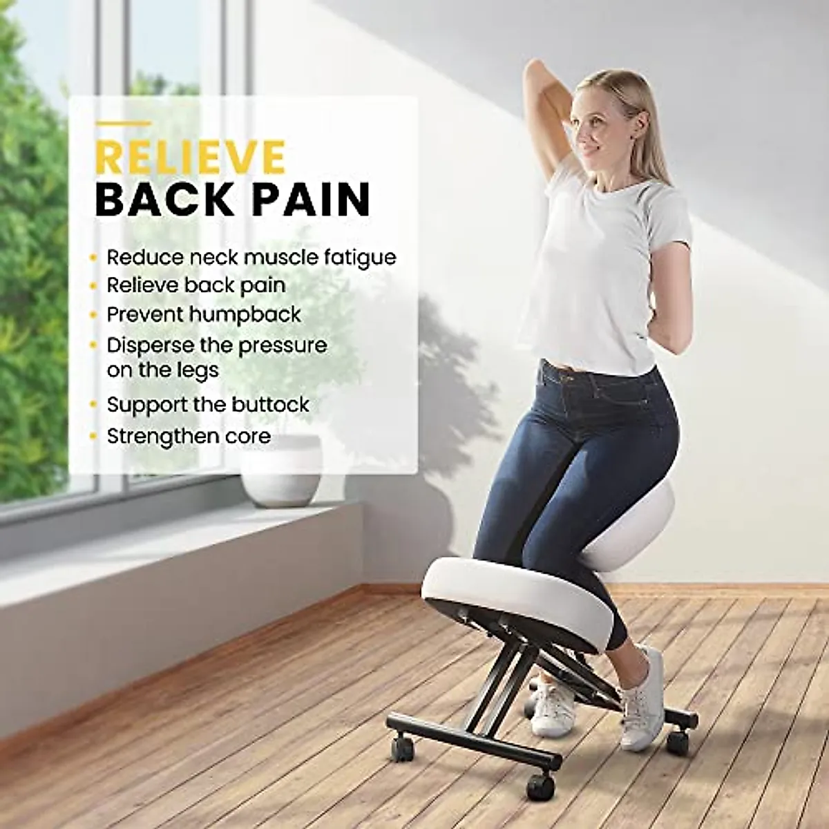 Ergonomic Kneeling Chair Adjustable Stool with Thick Foam Cushions and Smooth Gliding Casters for Home, White