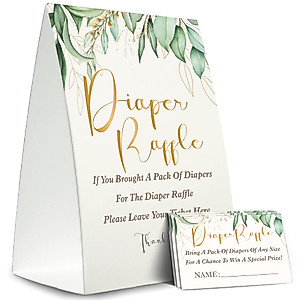 Diaper Raffle Sign,Diaper Raffle Baby Shower Game Kit (1 Standing Sign + 50 Guessing Cards),Greenery Insert Ticket,Baby Showers Decorations,Card for Baby Shower Game to Bring a Pack of Diapers-XN32