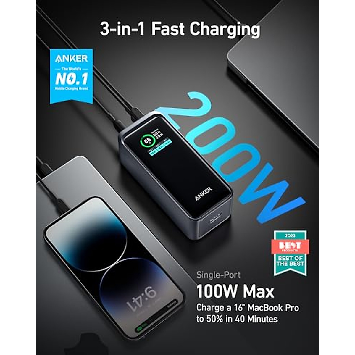 Anker Prime Power Bank, 20,000mAh Portable Charger with 200W Output, Smart Digital Display, 2 USB-C and 1 USB-A Port Compatible with iPhone 15/14/13 Series, Samsung, MacBook, Dell, and More
