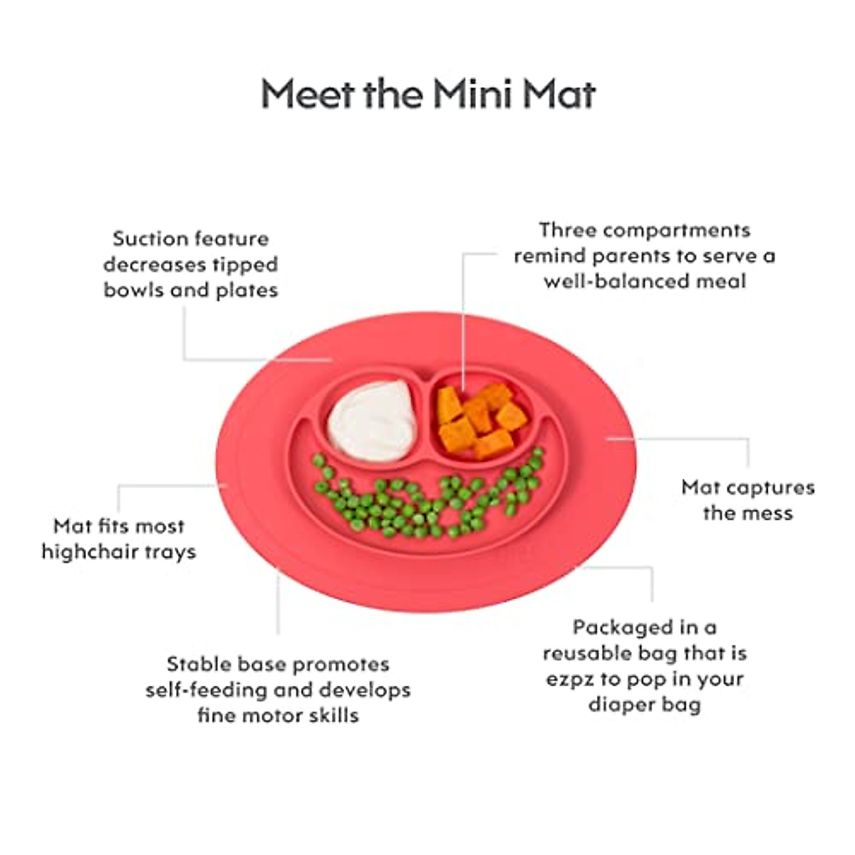 ez pz Mini Collection Set (Coral) - 100% Silicone Cup + Straw, Fork, Spoon & Mini Mat Suction Plate with Built-in Placemat for Infants + Toddlers - First Foods + Self-Feeding - 12 Months+