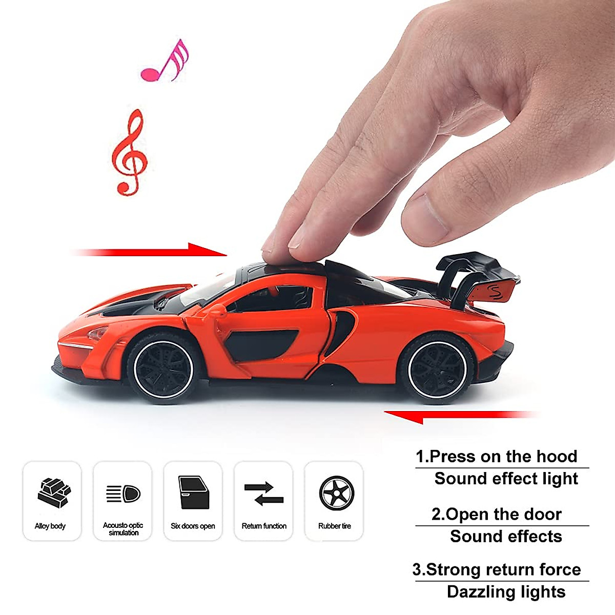 Diecast Toy Car McLaren Senna Sports Car Model,Zinc Alloy Simulation Casting Pull Back Vehicles,1:32 Scale Mini Electronic Supercar Toys with Lights and Music for Toddlers Kids Children Gift (Orange)