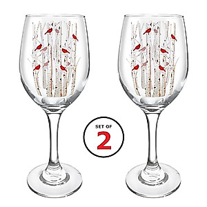 BANBERRY DESIGNS Cardinal Wine Glass - Set of 2 - Stemmed Glasses - Cardinals Perched on White Birch Trees - 7 3/4" Tall 12 oz