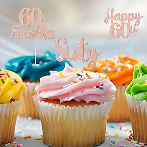30 Pcs 60th Birthday Cupcake Toppers, Rose Gold Glitter 60th Cake Toppers 60 & Fabulous Cupcake Picks for Happy 60th Birthday Anniversary Party Decorations Supplies (Rose Gold)