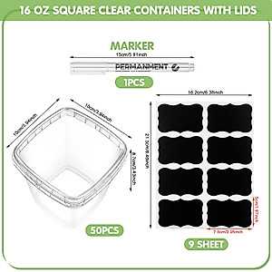 Jinei 50 Pcs 16 oz Plastic Deli Containers with Lids Clear Square Food Storage Containers Stackable Airtight Square Container with Lids with 9 Labels and Marker for Kitchen Storage Meal Take out